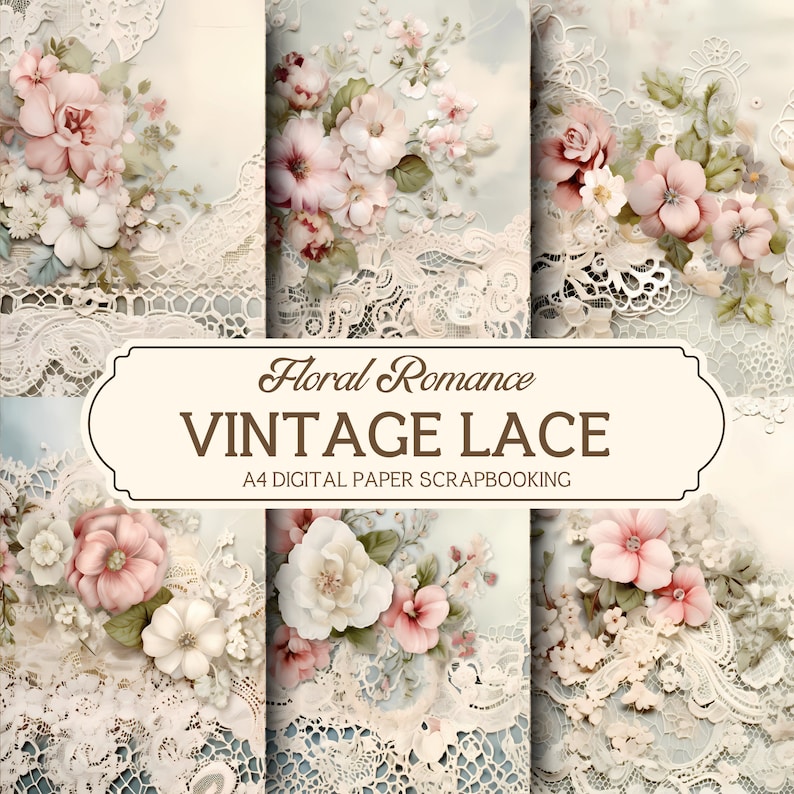 A4 Vintage Lace Digital Paper Printable, Shabby Chic Floral Romance ...