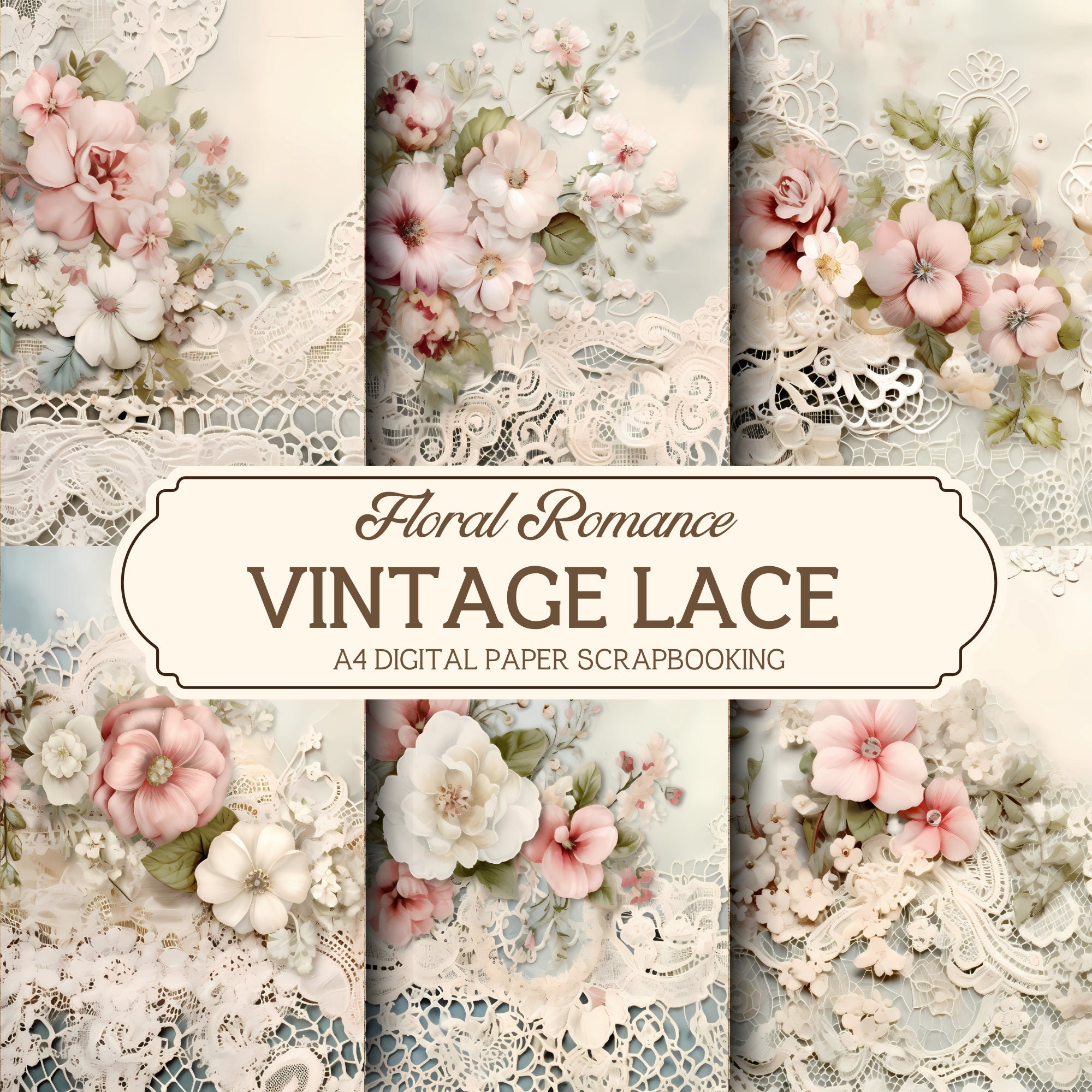 A4 Vintage Lace Digital Paper Printable, Shabby Chic Floral Romance ...