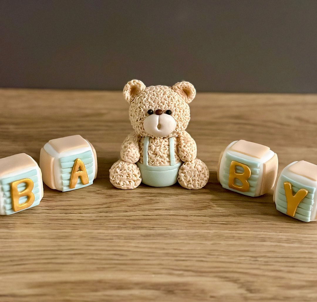 Fondant Teddy Bear and Baby Blocks Cake Topper Set - Etsy