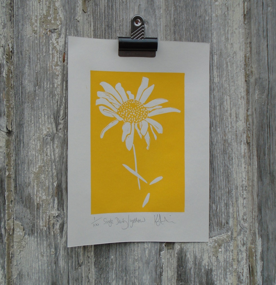 Daisy. Lino Cut Print. Hand Burnished. Yellow - Etsy