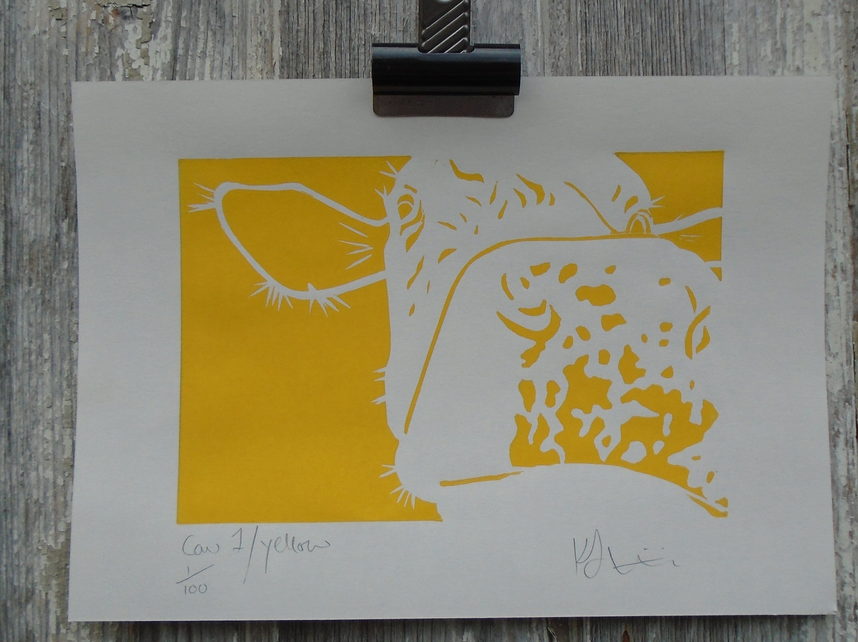 Number 1 Cow. Yellow Lino Cut Print - Etsy