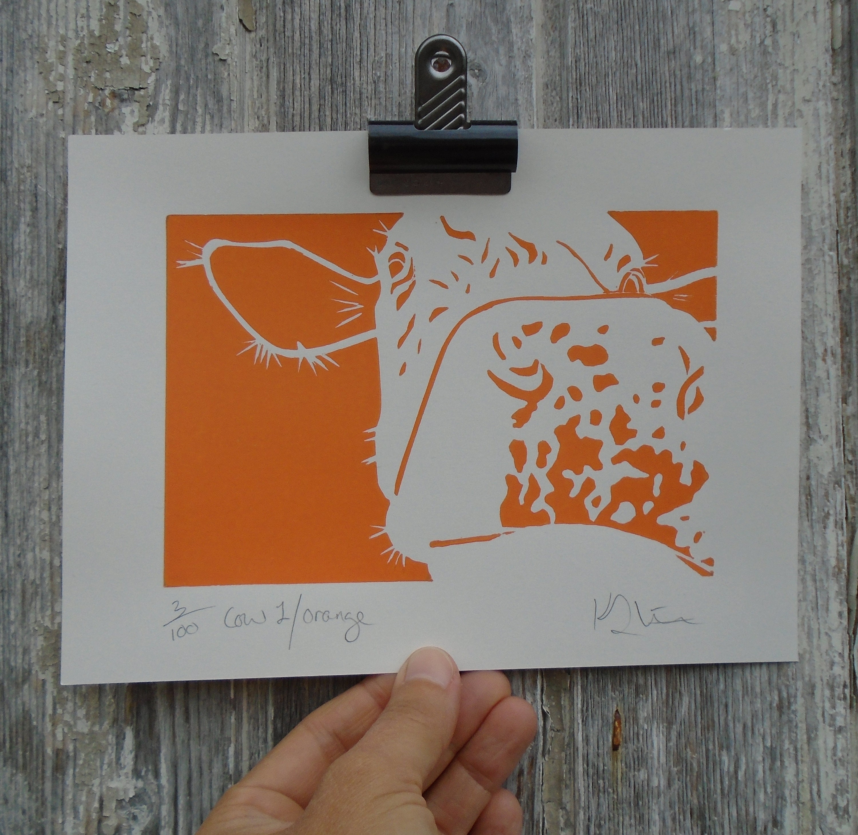 Number 1 Cow. Orange Lino Cut Print - Etsy