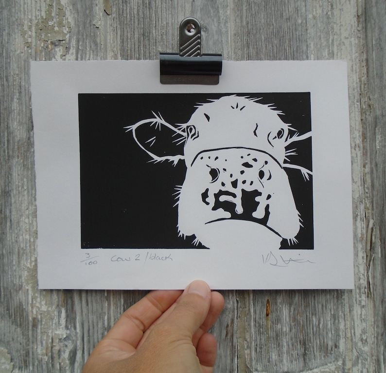 Number 2 Cow. Black Linocut Print - Etsy
