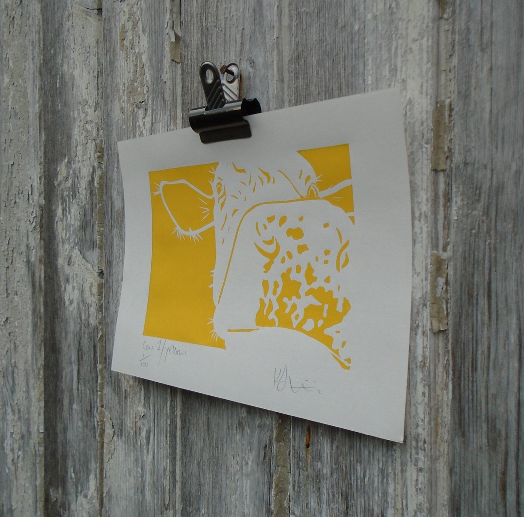 Number 1 Cow. Yellow Lino Cut Print - Etsy