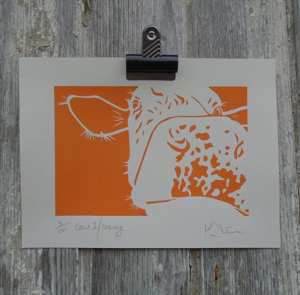 Number 1 Cow. Orange Lino Cut Print - Etsy