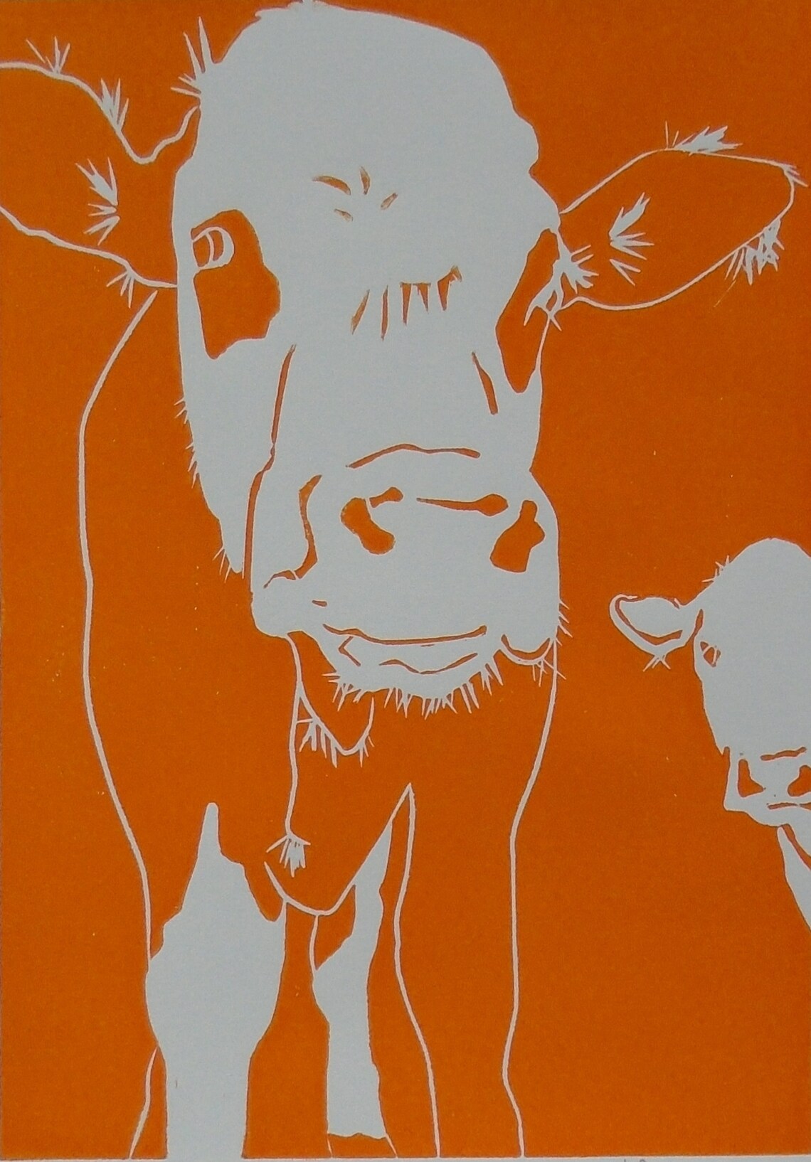Number 3 Cow. Orange Lino Cut Print - Etsy