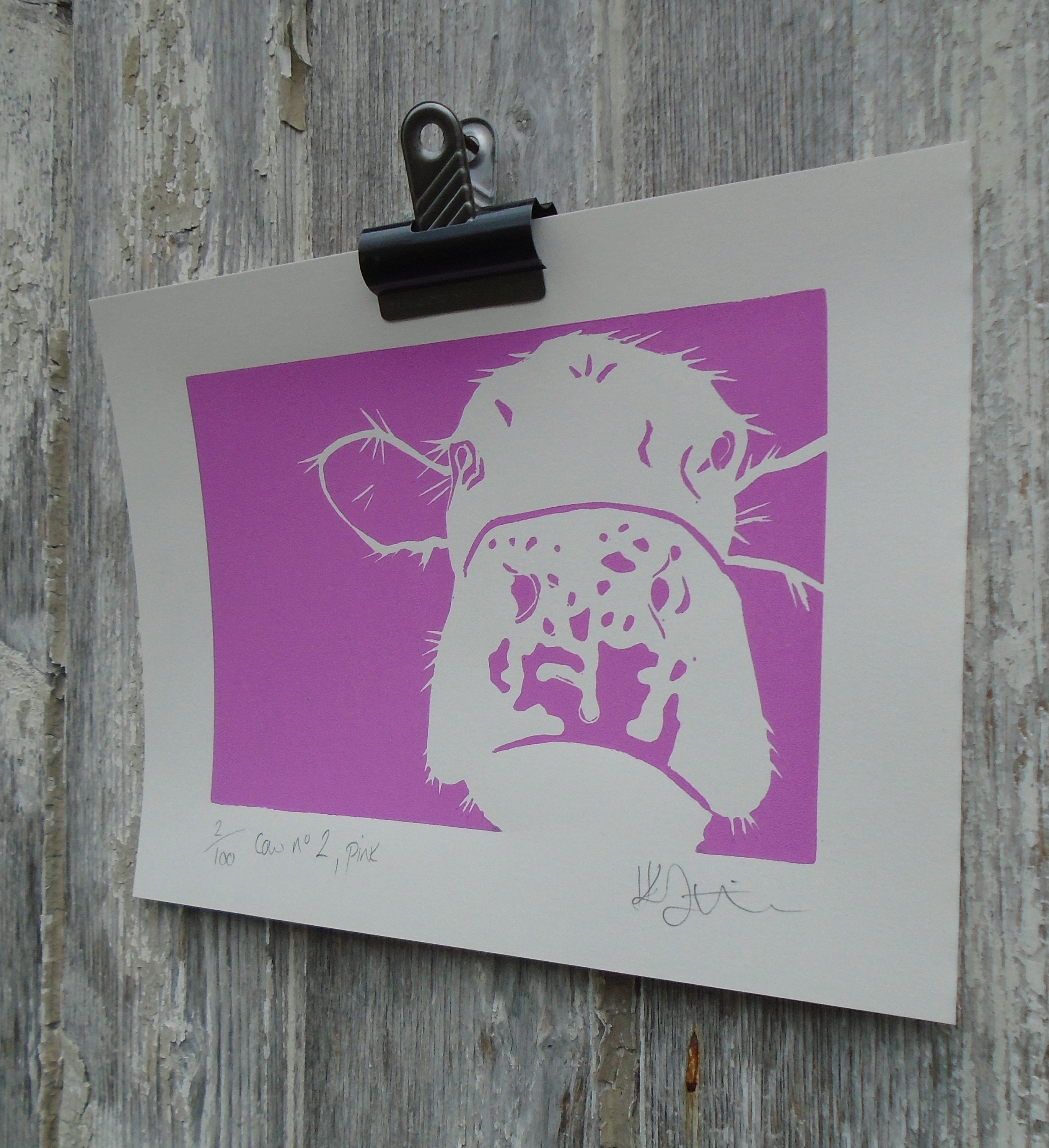 Number 2 Cow. Pink Lino Cut Print - Etsy