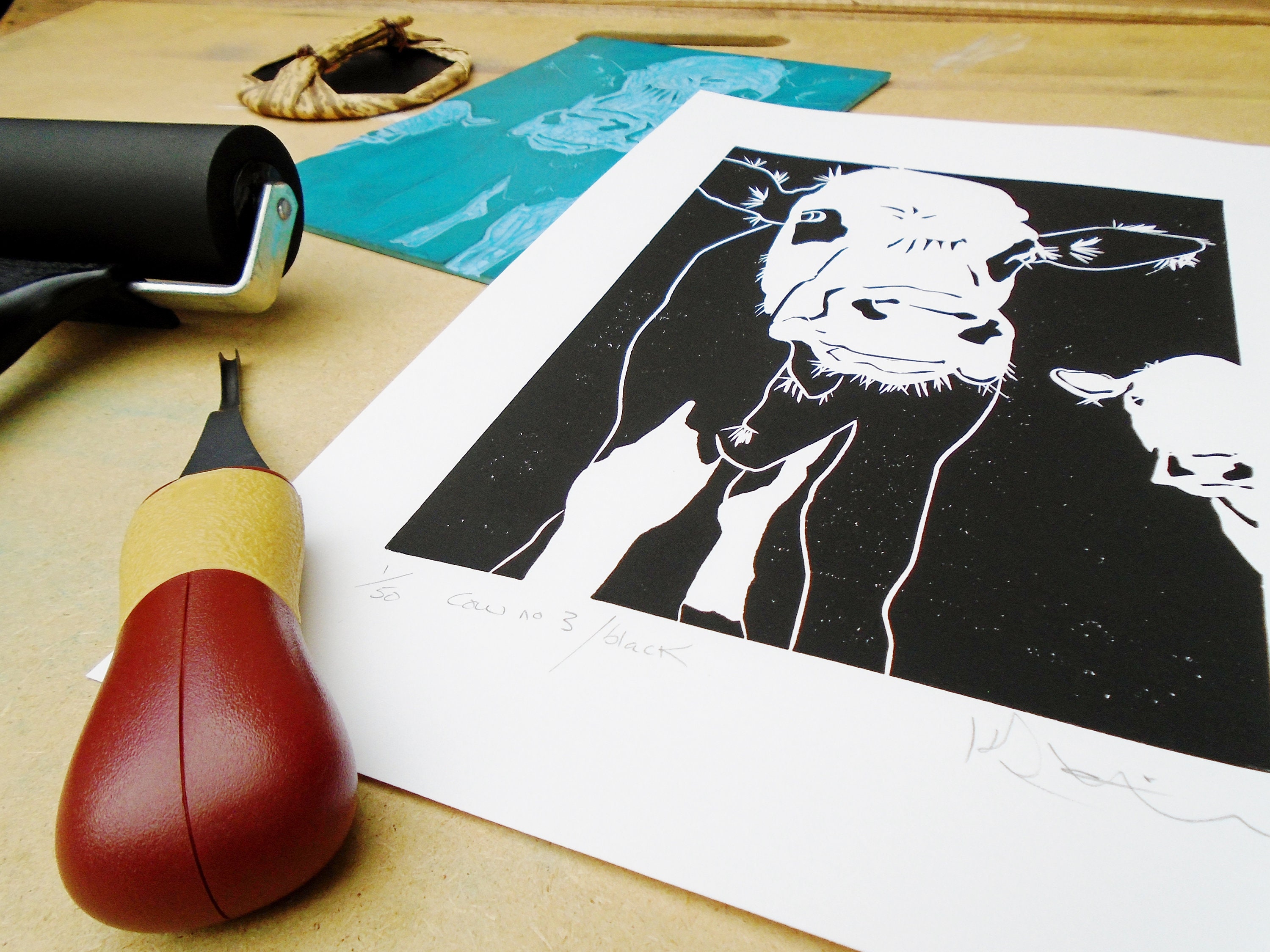 Number 3 Cow. Black Lino Cut Print - Etsy Canada