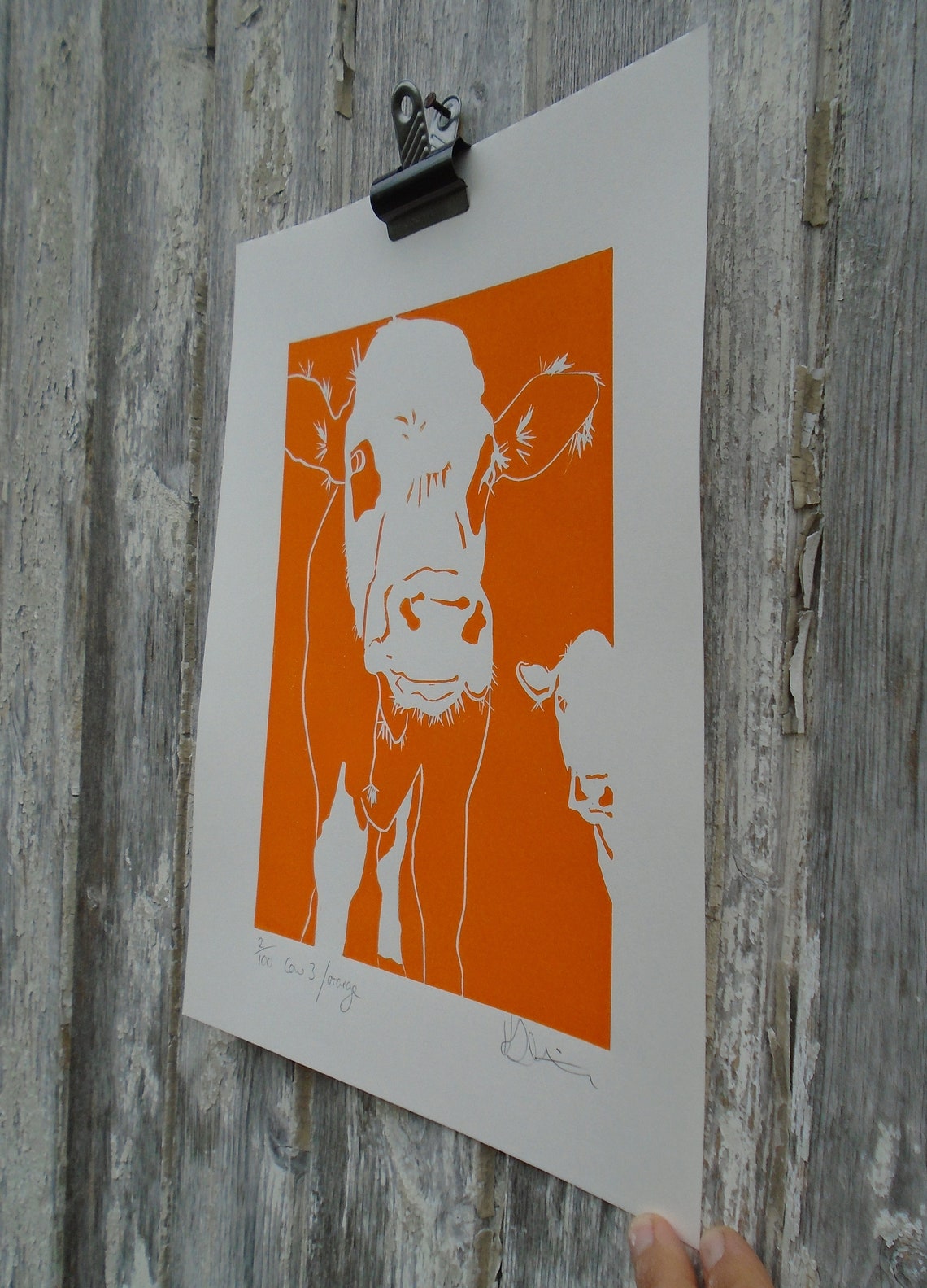 Number 3 Cow. Orange Lino Cut Print - Etsy