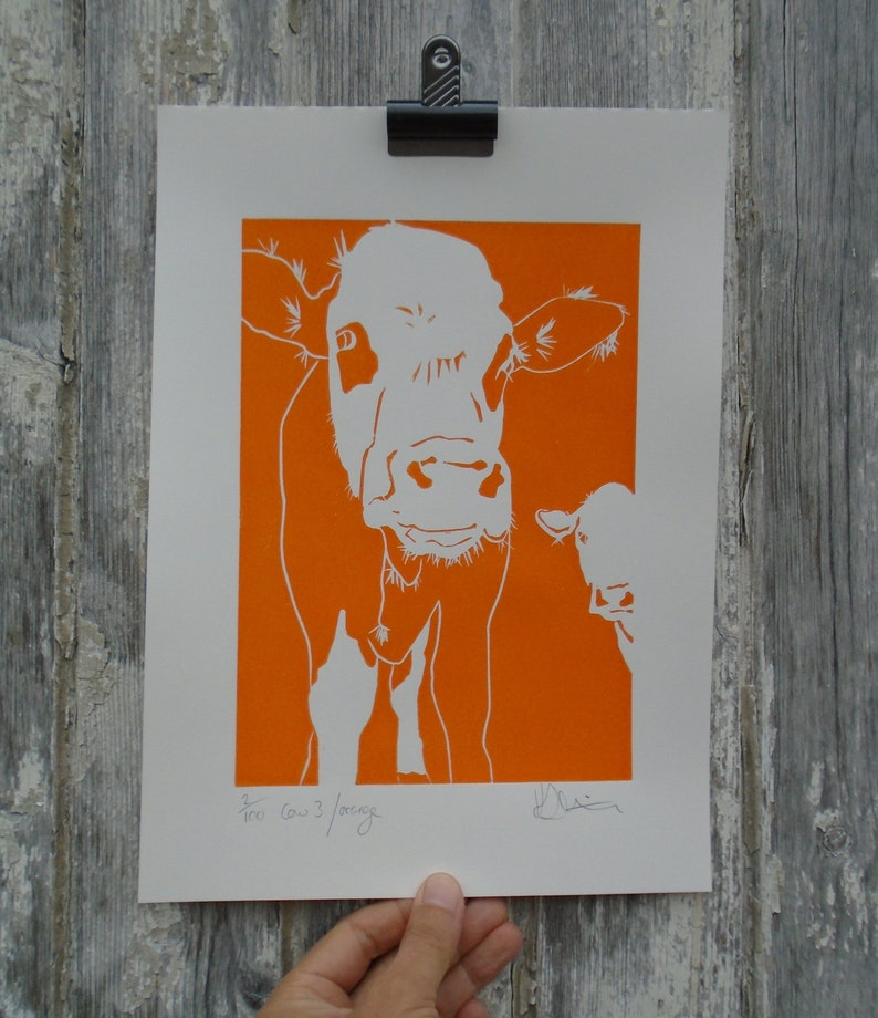 Number 3 Cow. Orange Lino Cut Print - Etsy