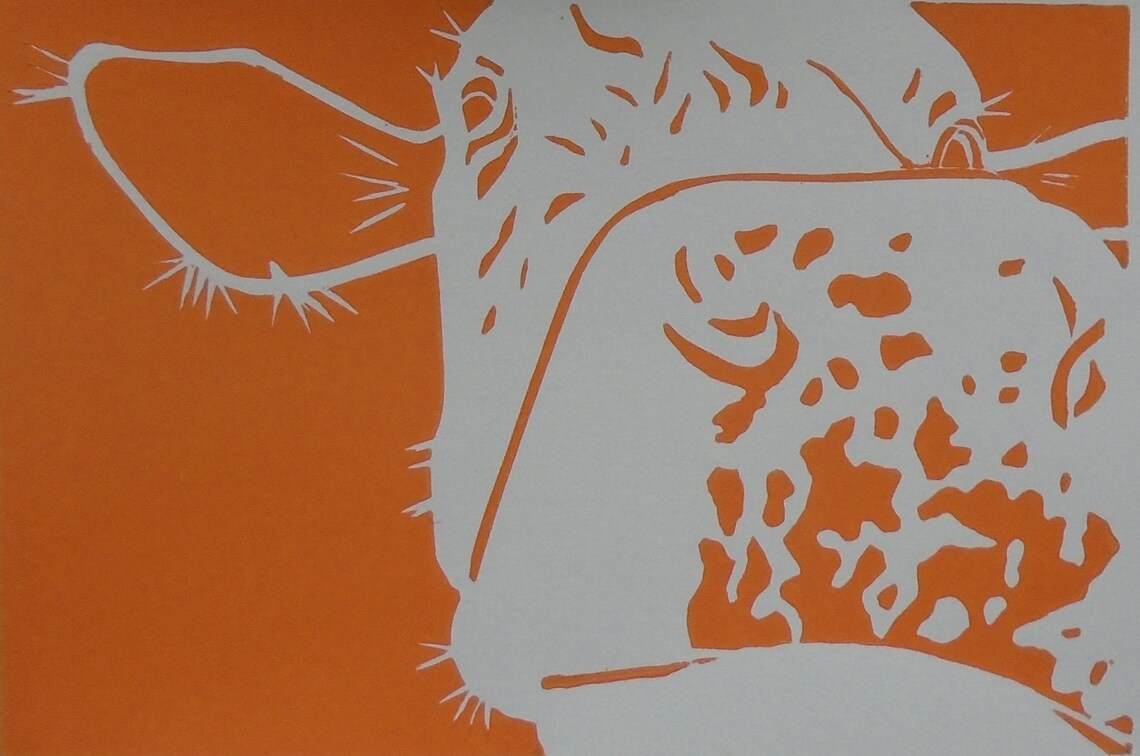 Number 1 Cow. Orange Lino Cut Print - Etsy