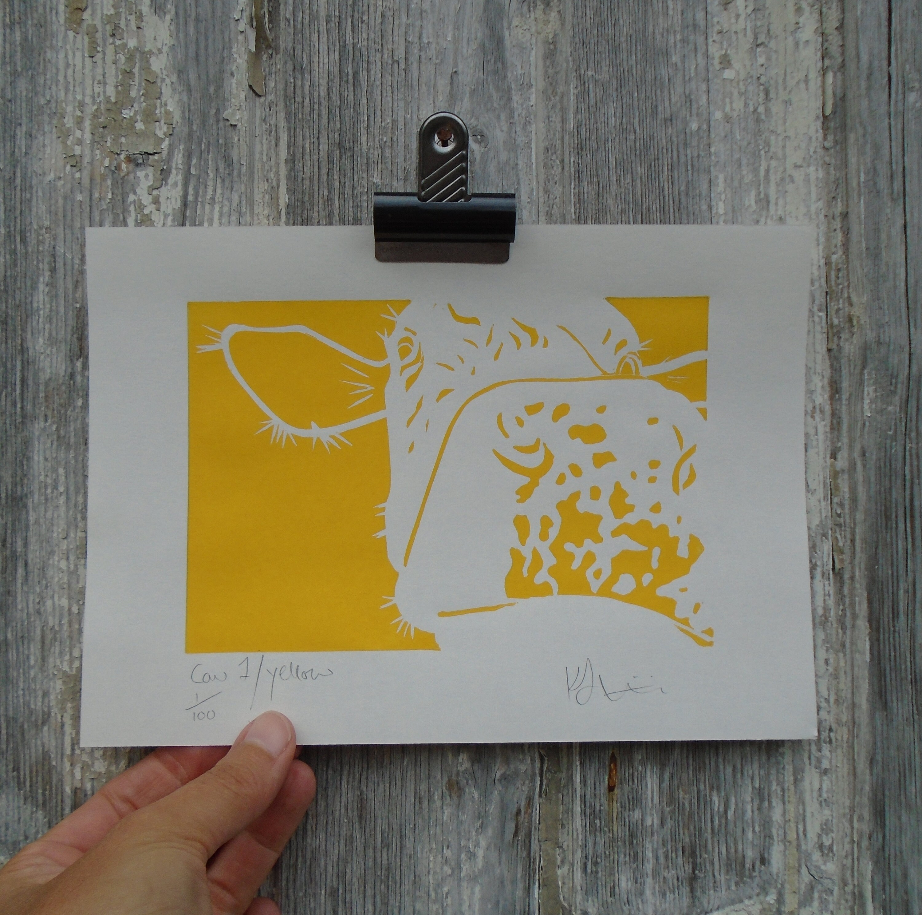 Number 1 Cow. Yellow Lino Cut Print - Etsy