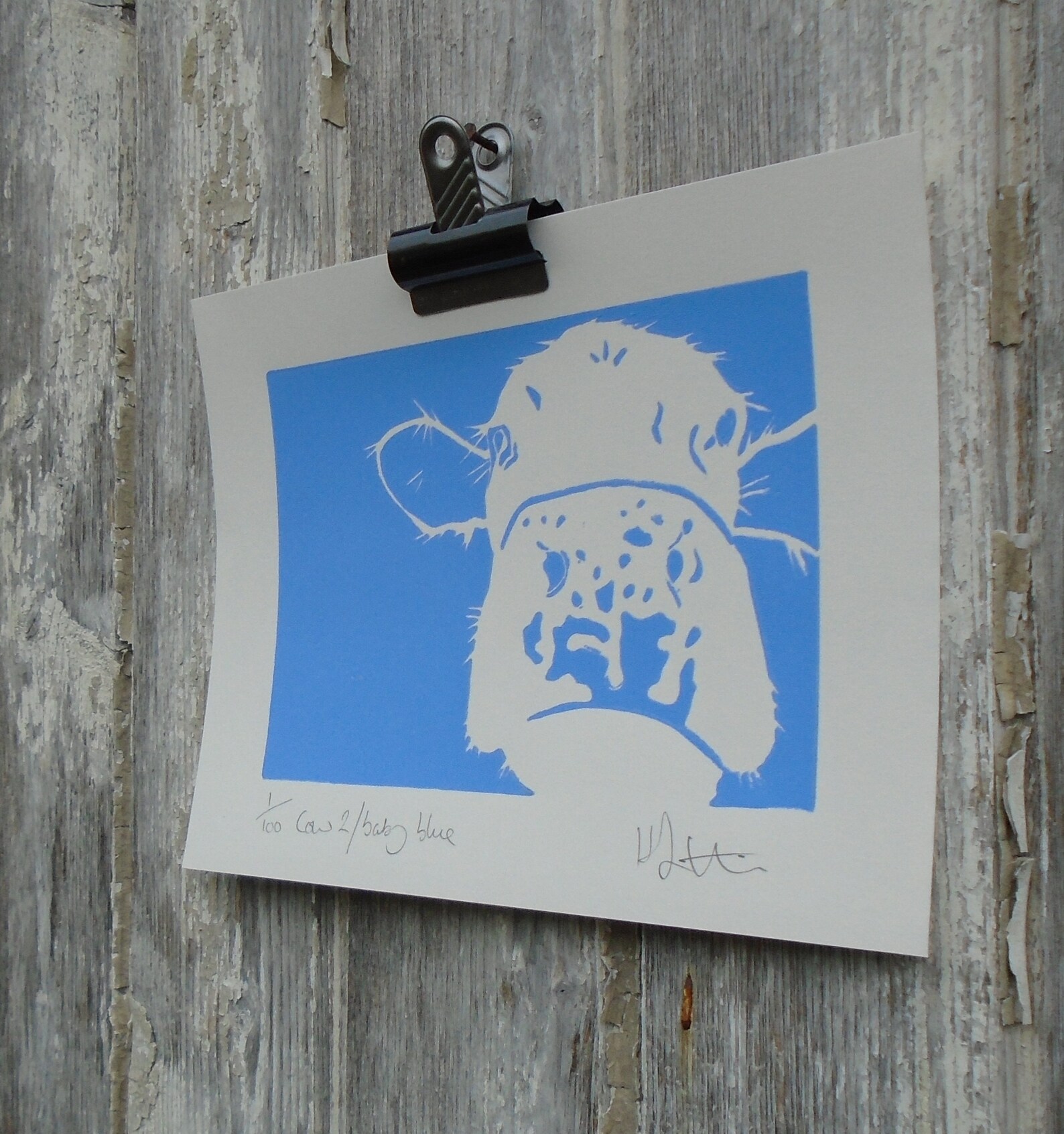 Number 2 Cow. Baby Blue Lino Cut Print | Etsy