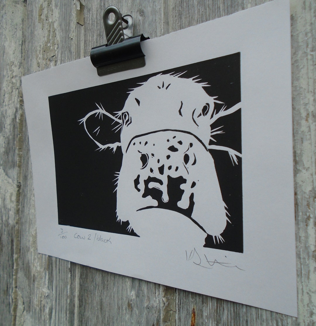 Number 2 Cow. Black - Linocut Print - Etsy
