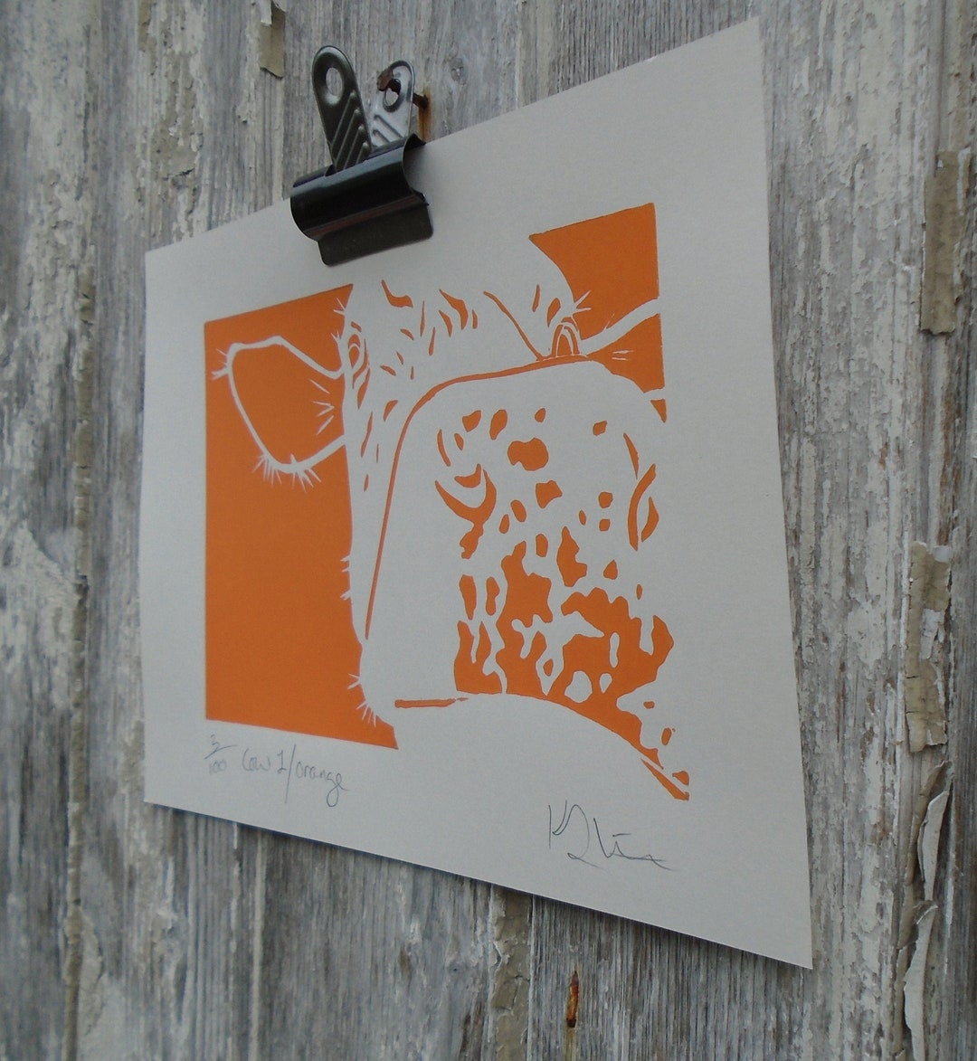 Number 1 Cow. Orange Lino Cut Print - Etsy