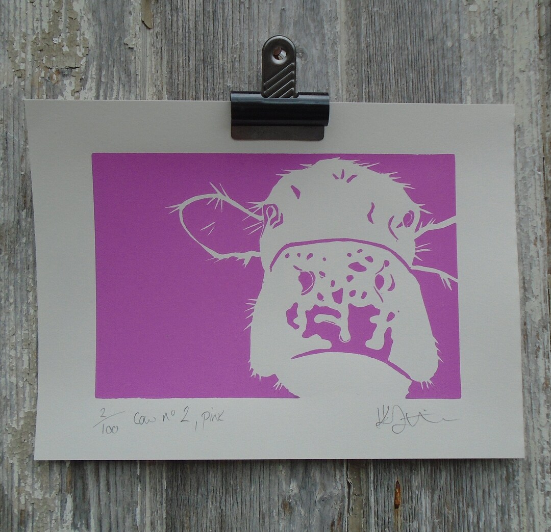 Number 2 Cow. Pink Lino Cut Print - Etsy