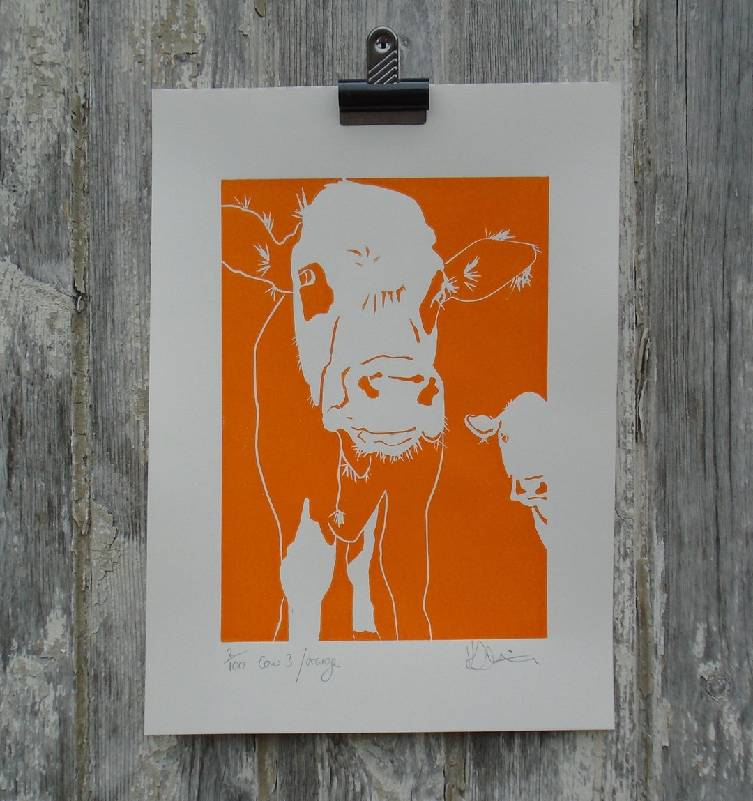 Number 3 Cow. Orange Lino Cut Print - Etsy