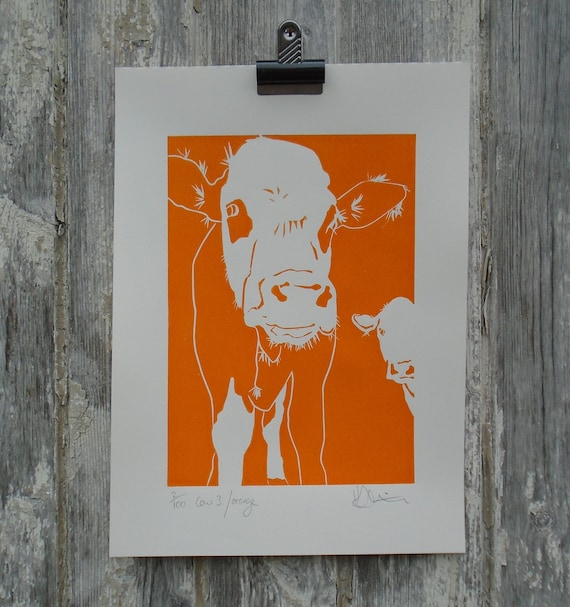 Number 3 Cow. Orange Lino Cut Print | Etsy