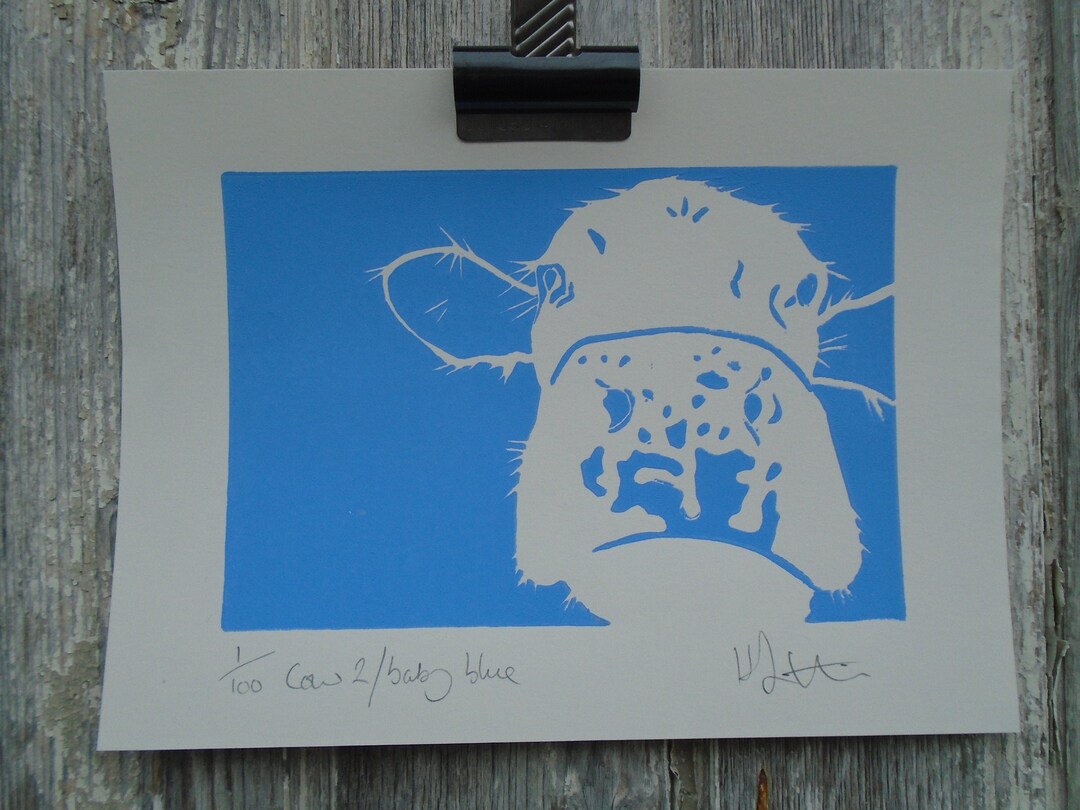 Number 2 Cow. Baby Blue Lino Cut Print - Etsy