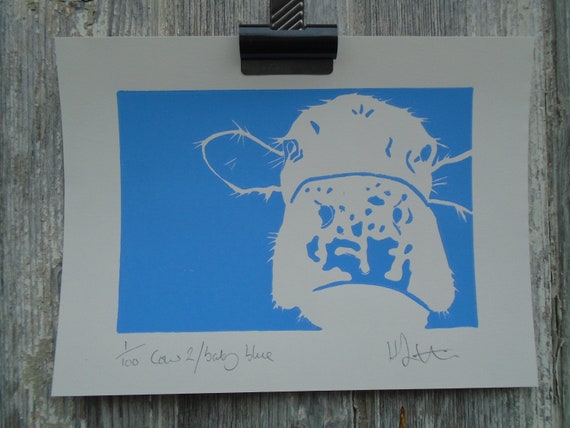 Number 2 Cow. Baby Blue Lino Cut Print | Etsy