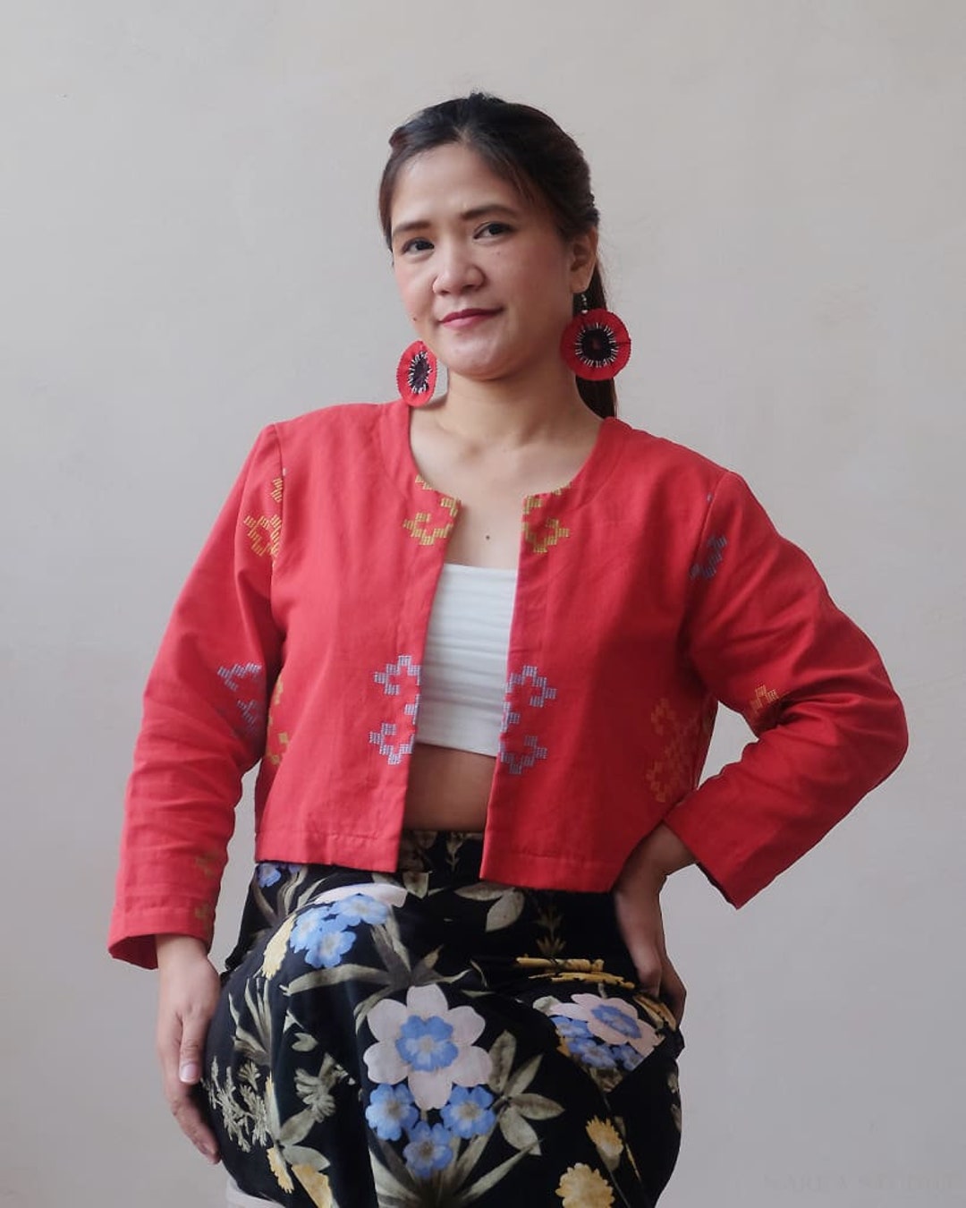 Red Inaul Crop Jacket Handwoven Fabric Gift Colorful Woven Cultural ...