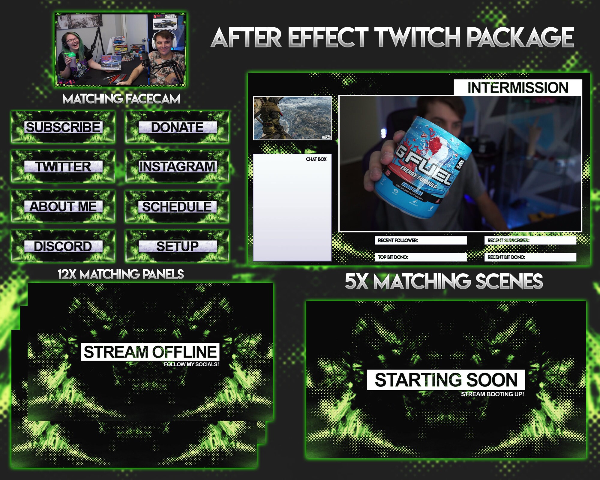 Full Twitch Stream Overlay Package - "after Effect Green" - Etsy