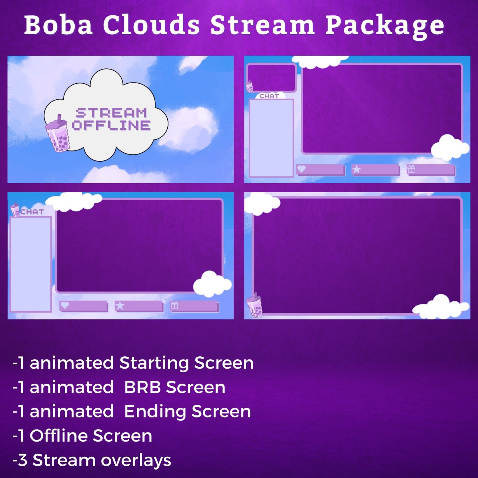 Animated Purple Boba Tea Anime Clouds Stream Bundle Package - Etsy