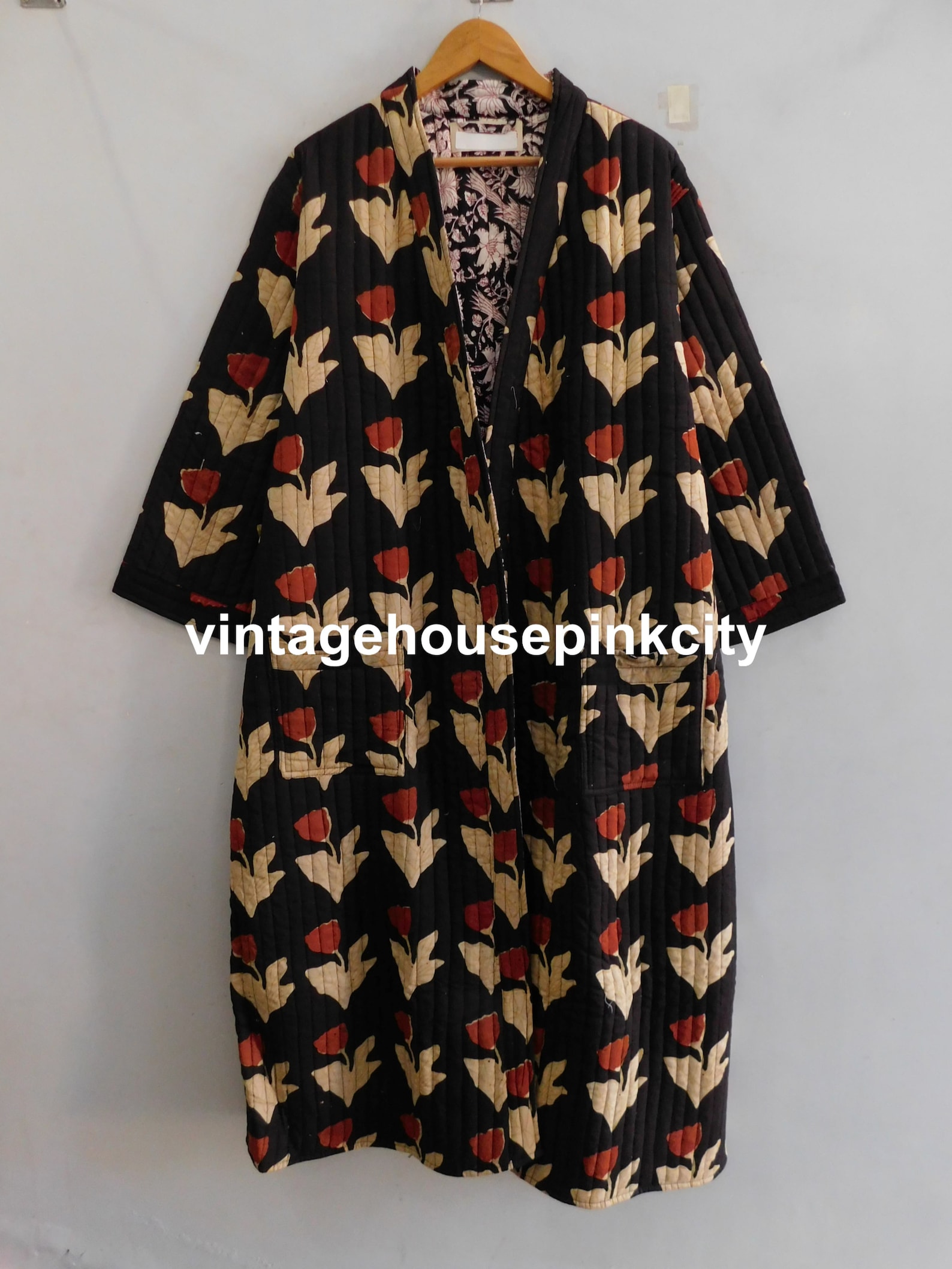 Black Quilted Robes, Cotton Bathrobe, Women Wear Dressing Gown, Winter ...