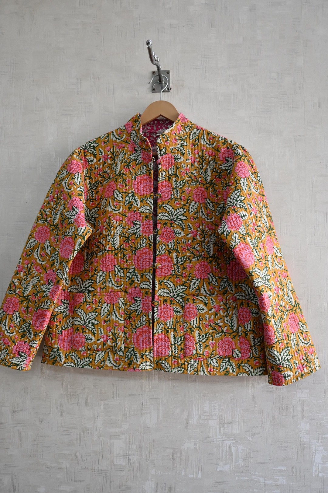 Yellow Floral Printed Reversible Jacket Boho Style Winter Coat Quilted ...