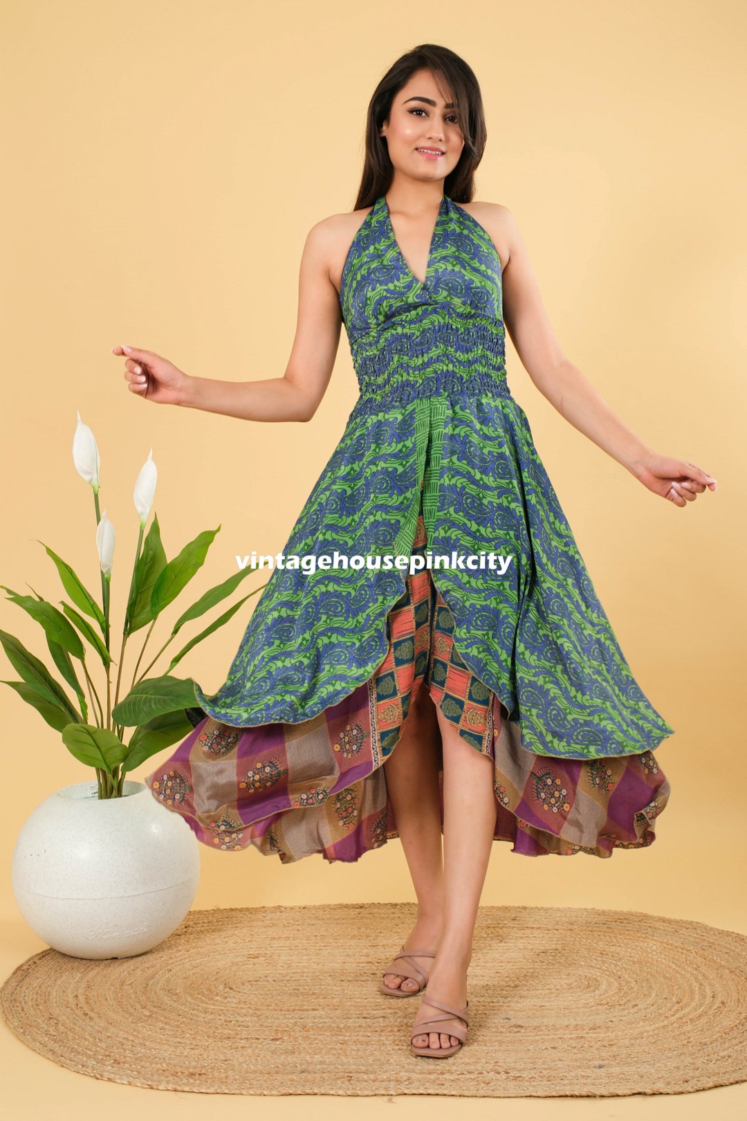 Short Green Silk Dress, Designer Short Dress, Beach Wear Smocking Dress ...