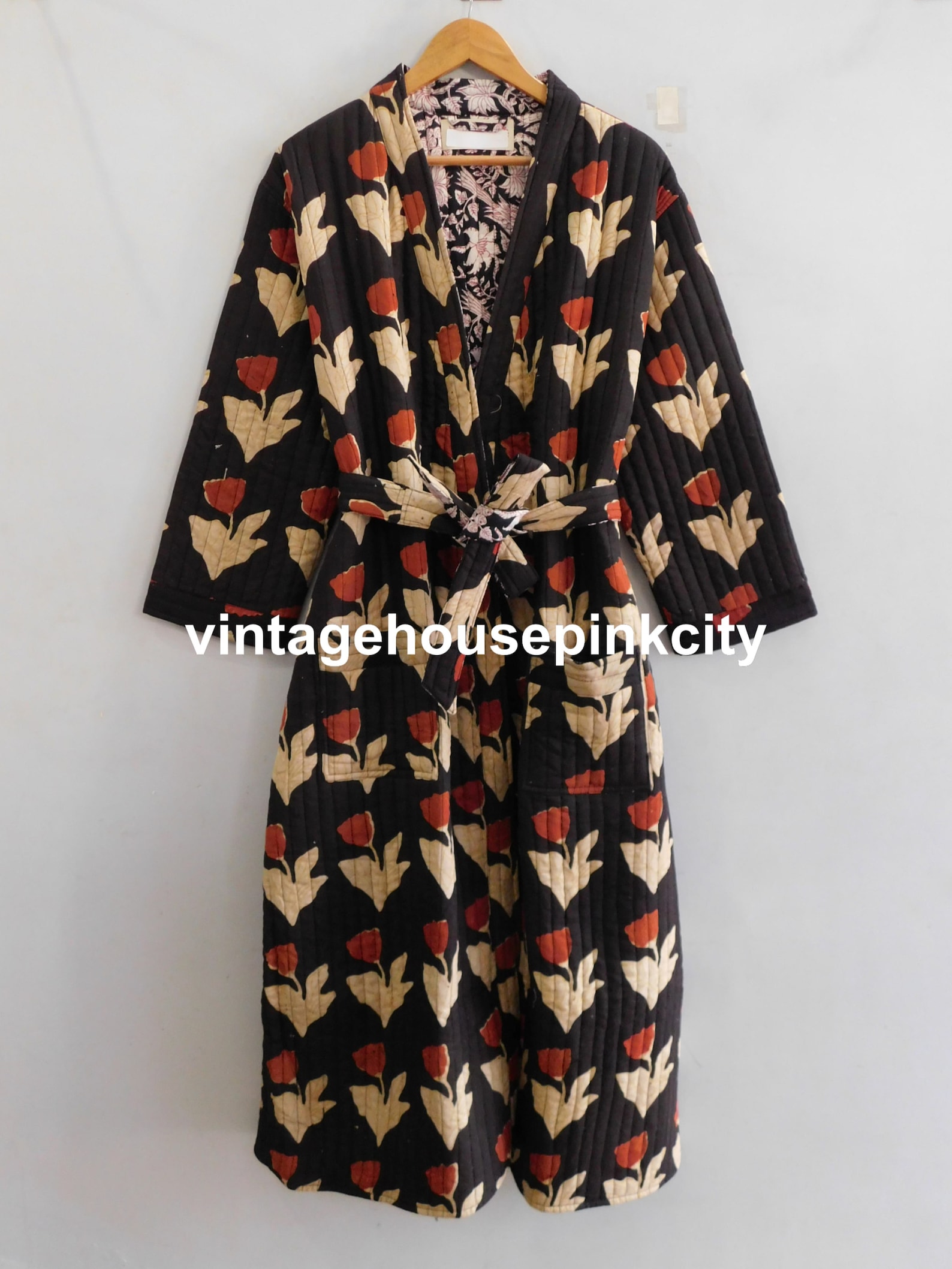 Black Quilted Robes, Cotton Bathrobe, Women Wear Dressing Gown, Winter ...