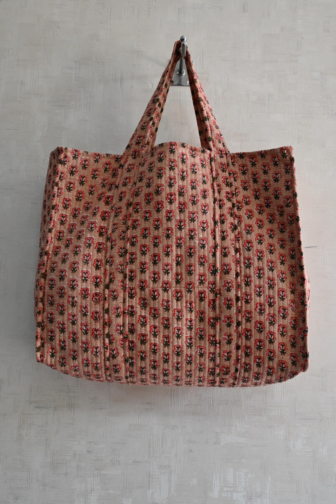 Quilted Cotton Block Print Tote Bag - Floral Shopping Bag - Etsy