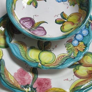 DERUTA ITALY DIP a Mano Ceramic Bowl Plates Cup Saucer Fruits Green Rim ...