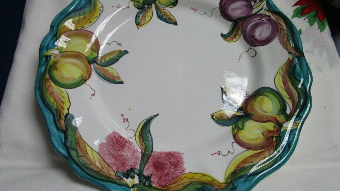 DERUTA ITALY DIP a Mano Ceramic Bowl Plates Cup Saucer Fruits Green Rim ...