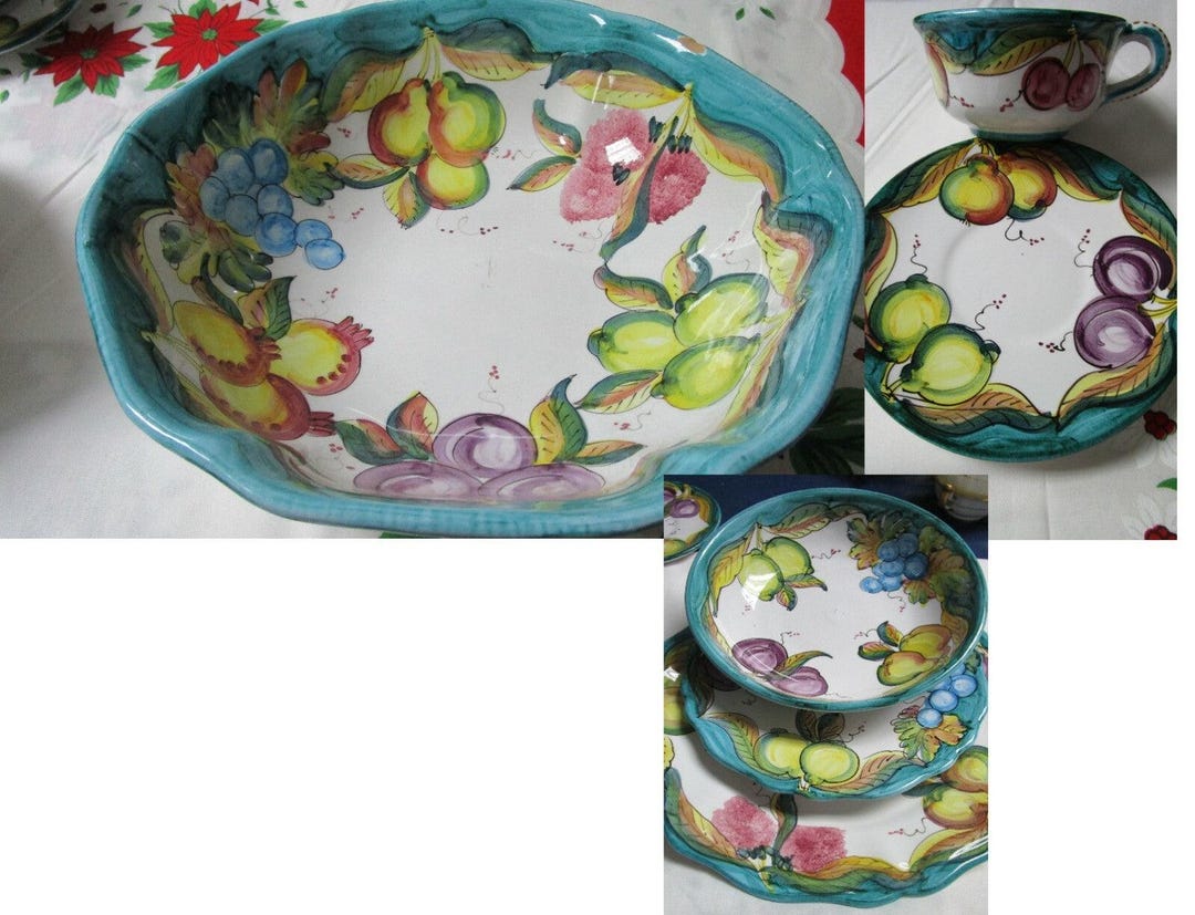 DERUTA ITALY DIP a Mano Ceramic Bowl Plates Cup Saucer Fruits Green Rim ...