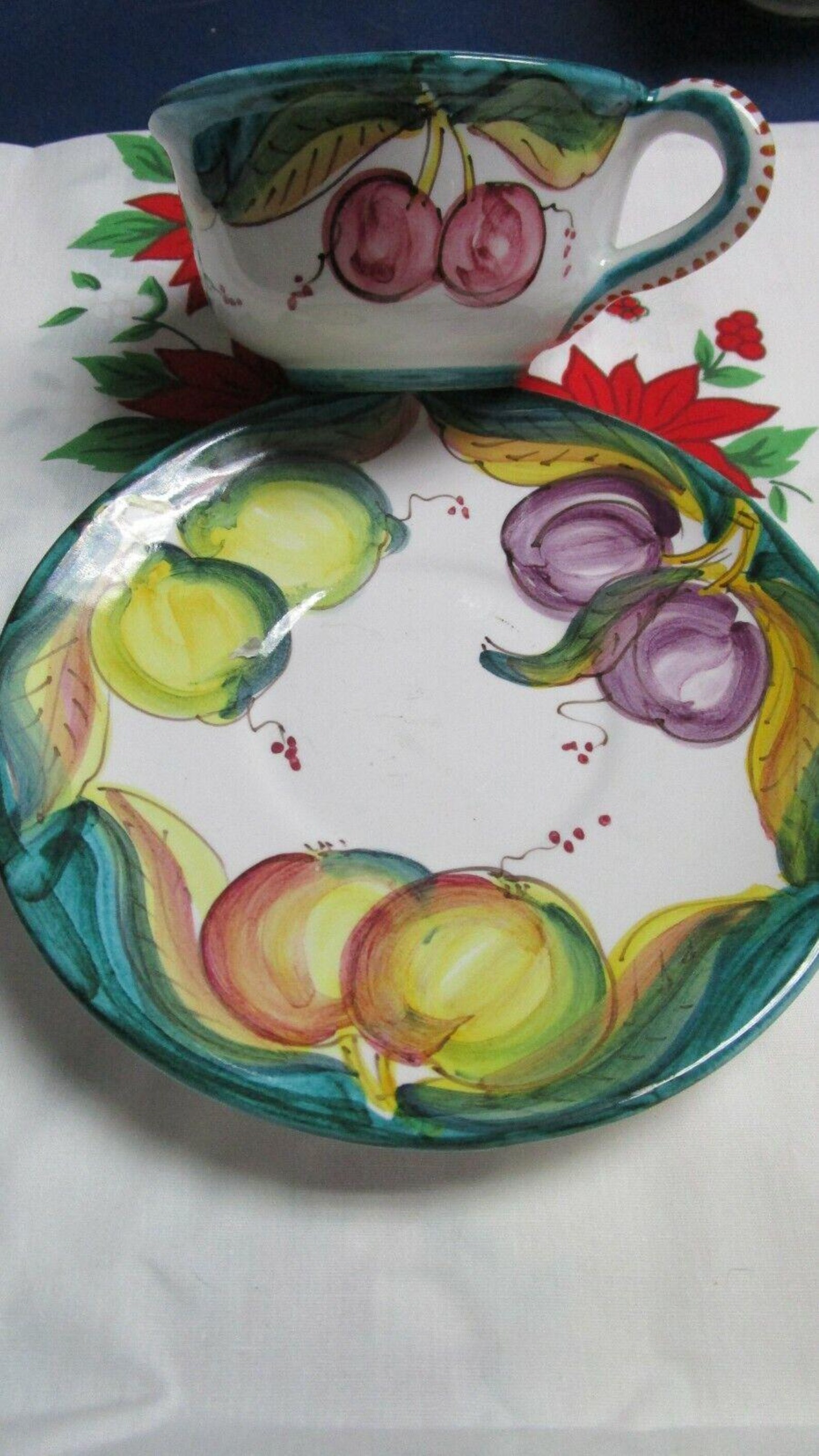 DERUTA ITALY DIP a Mano Ceramic Bowl Plates Cup Saucer Fruits Green Rim ...