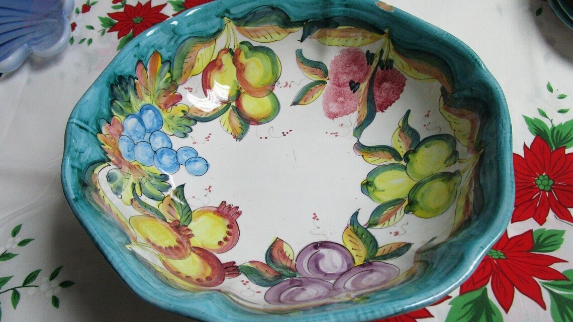 DERUTA ITALY DIP a Mano Ceramic Bowl Plates Cup Saucer Fruits Green Rim ...