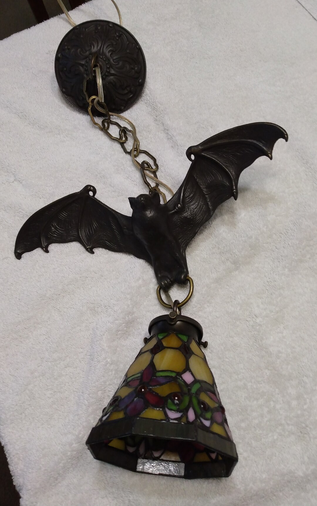 LG1 Solid BRONZE Bat Gothic Chandelier W/ Leaded Glass Shade - Etsy