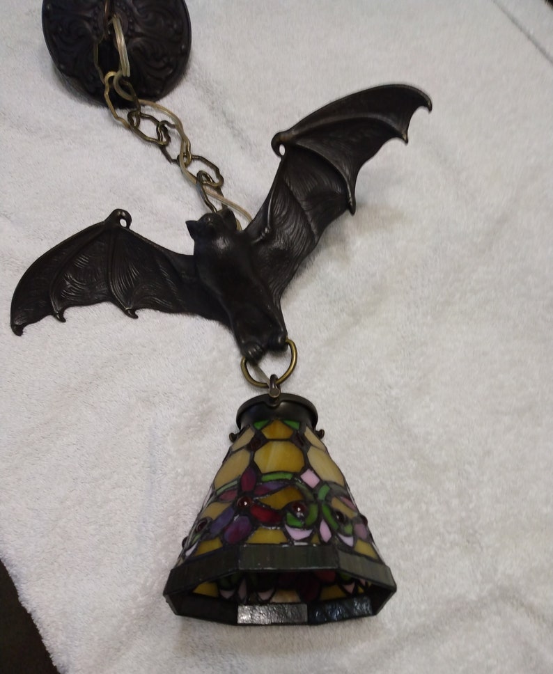 LG1 Solid BRONZE Bat Gothic Chandelier W/ Leaded Glass Shade - Etsy