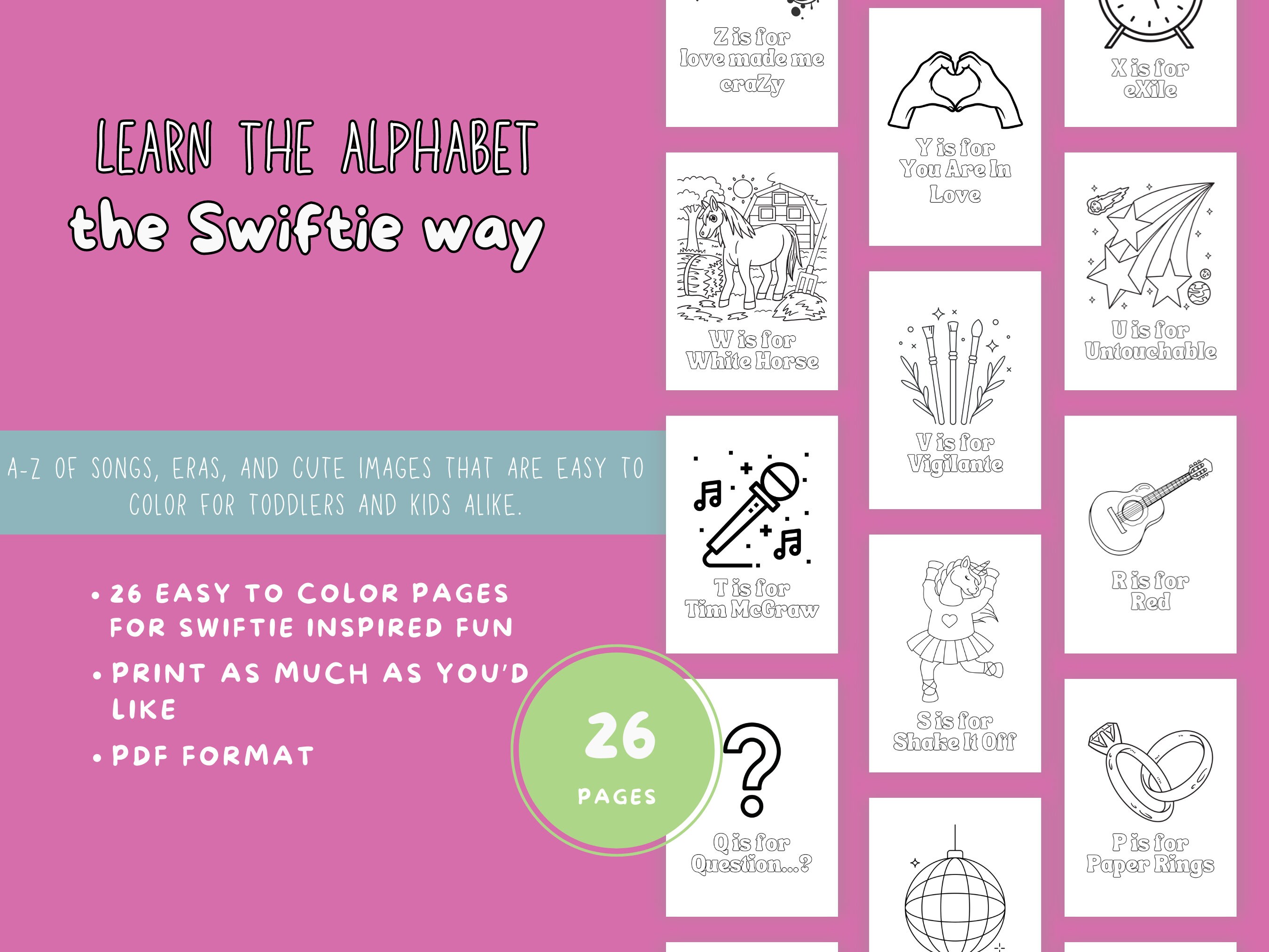 KIDS Taylor Swift Inspired Alphabet Coloring Book, Color, Swiftie ...