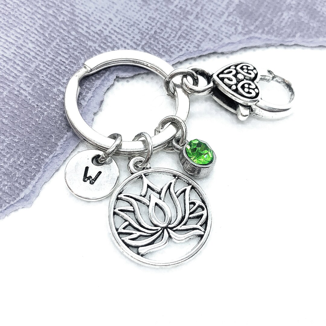 Lotus Blossom Keychain, Lotus Flower Initial Keyring, Personalized Gift ...