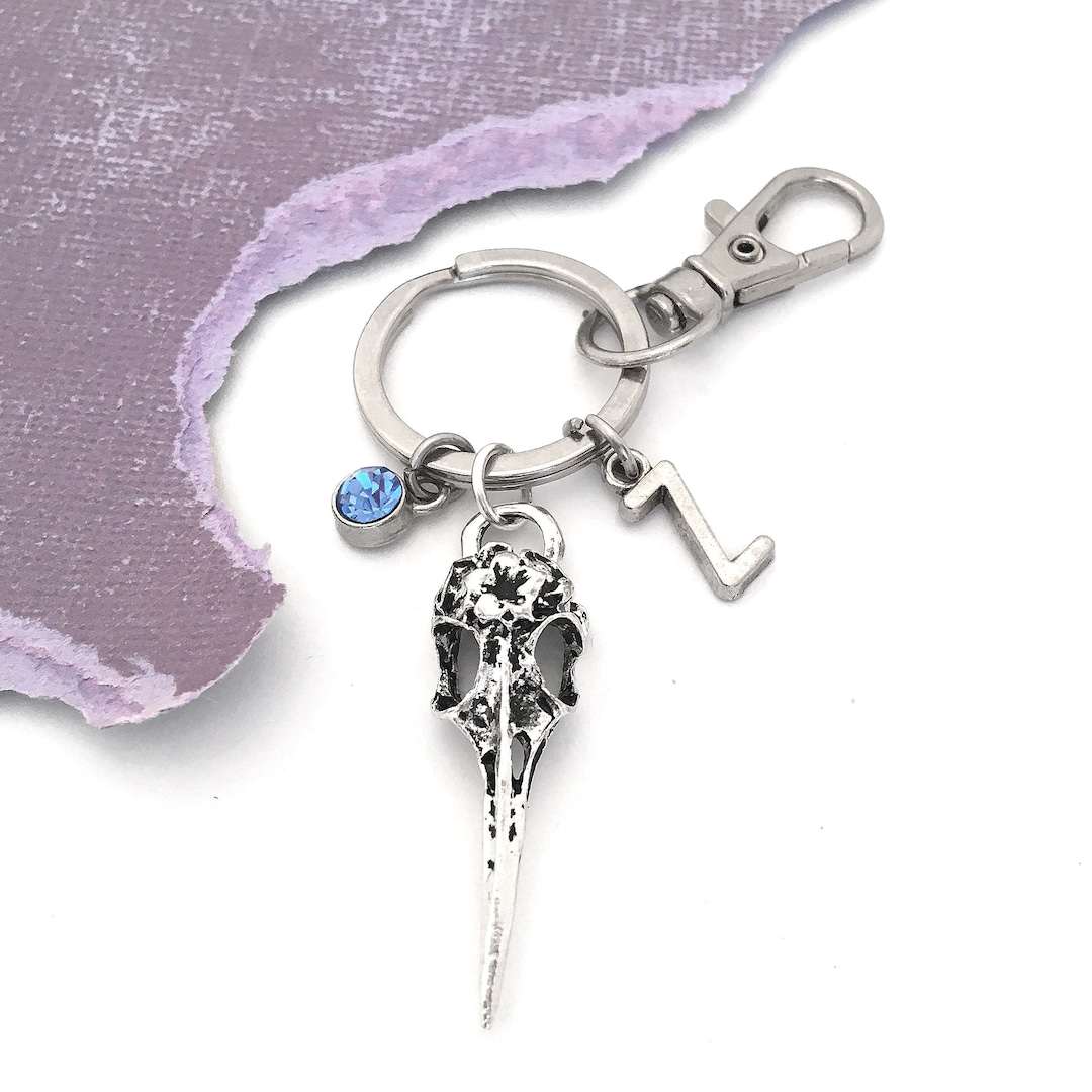 Raven Skull Keychain, Skull Initial Keyring Personalized Gift Bird ...