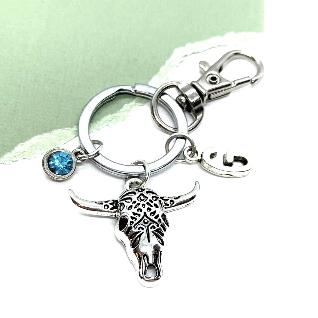 Longhorn Keychain, Initial Keyring, Bull Skull Keychain, Western Key ...