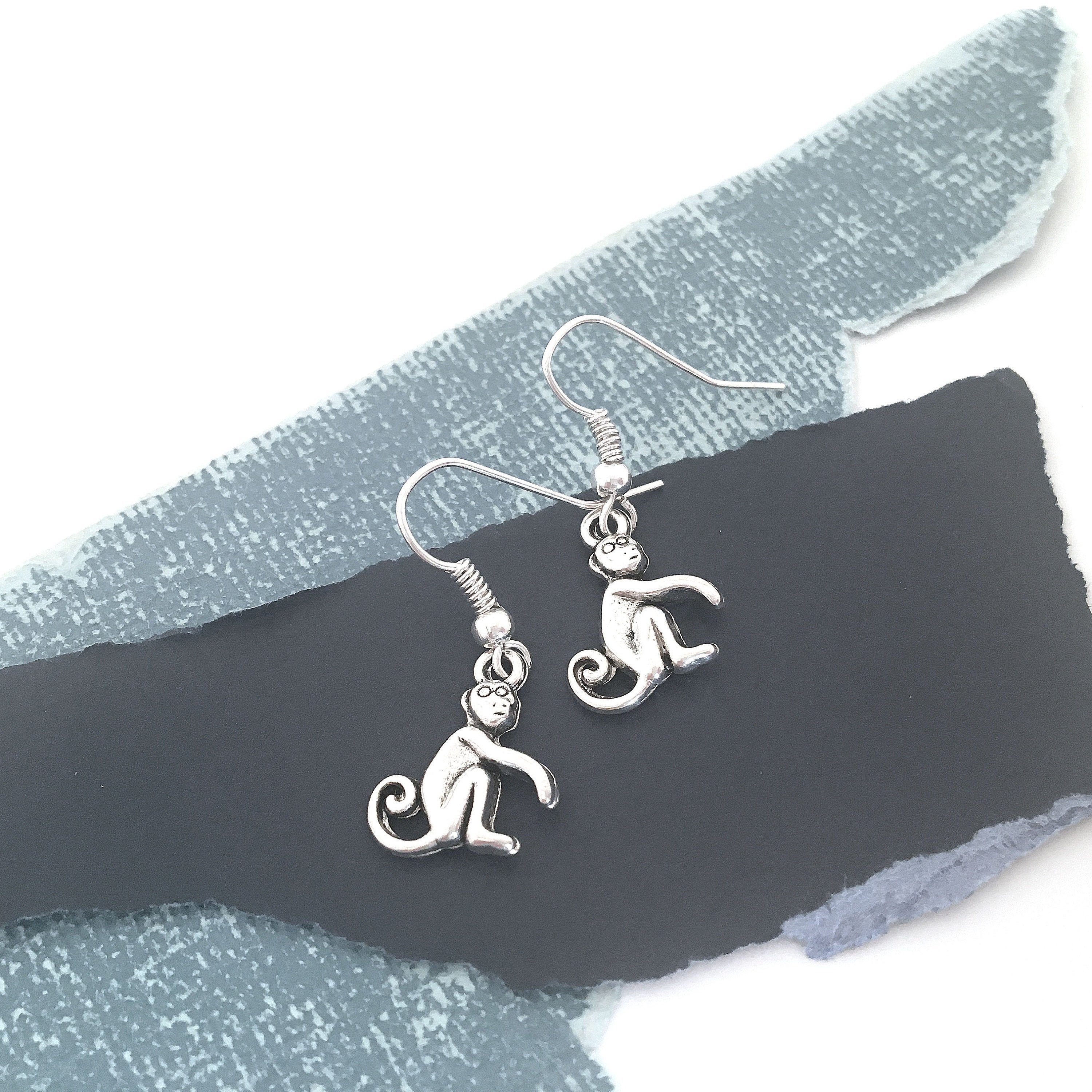 Monkey Earrings Monkey Jewelry Silver Dangle Earrings | Etsy