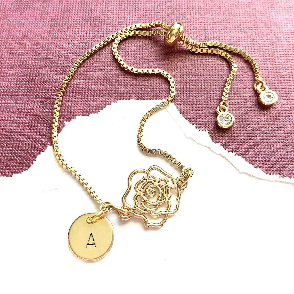Rose Bracelet, Gold Rose Bracelet, Adjustable Slider Bracelet, Rose ...