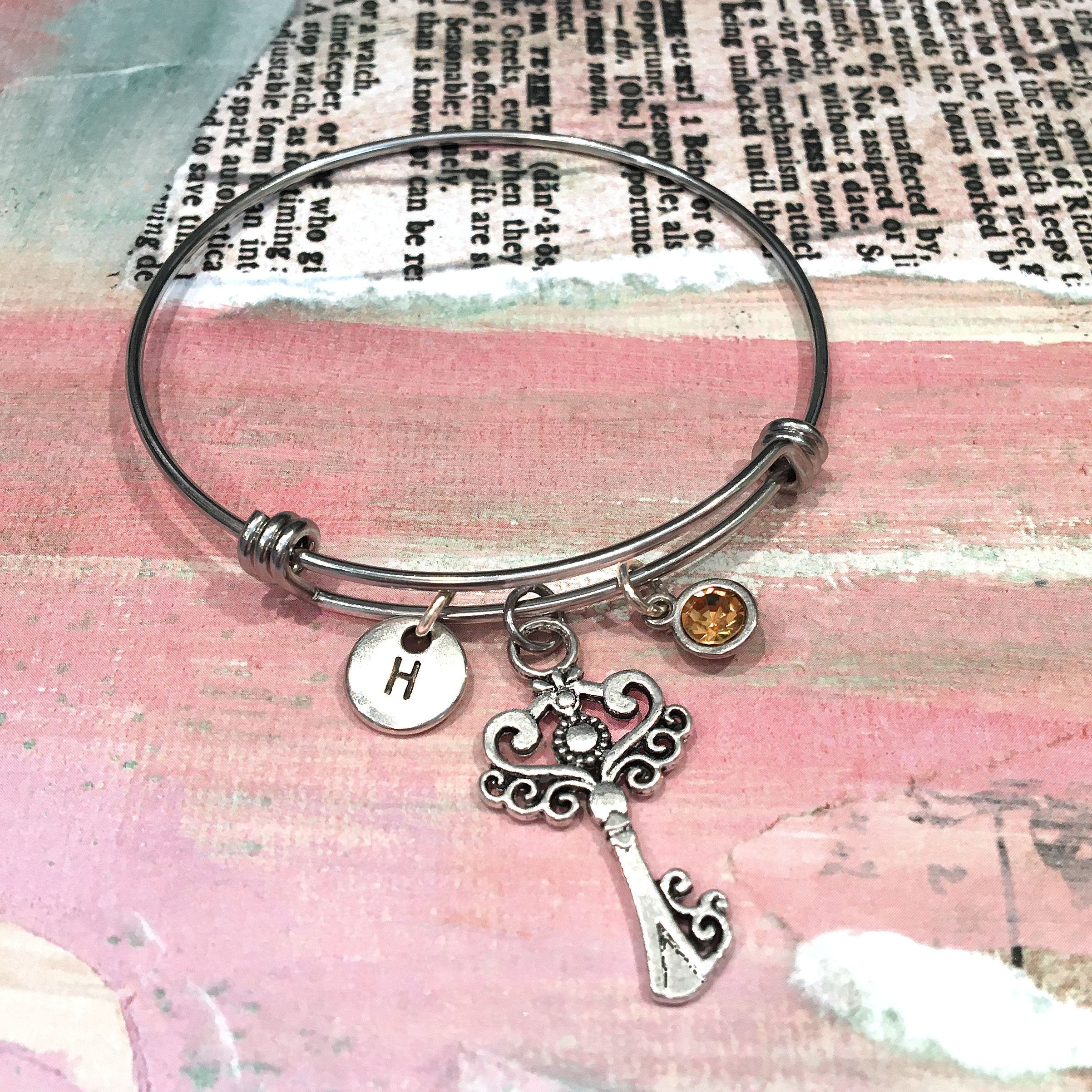 Key Charm Bracelet Initial Bangle Key Jewelry Key Gift | Etsy