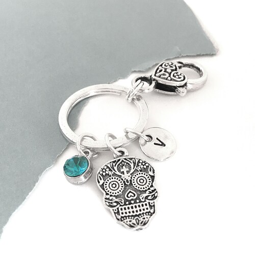 Sugar Skull Initial Key Ring With Initial Charm Personalized - Etsy
