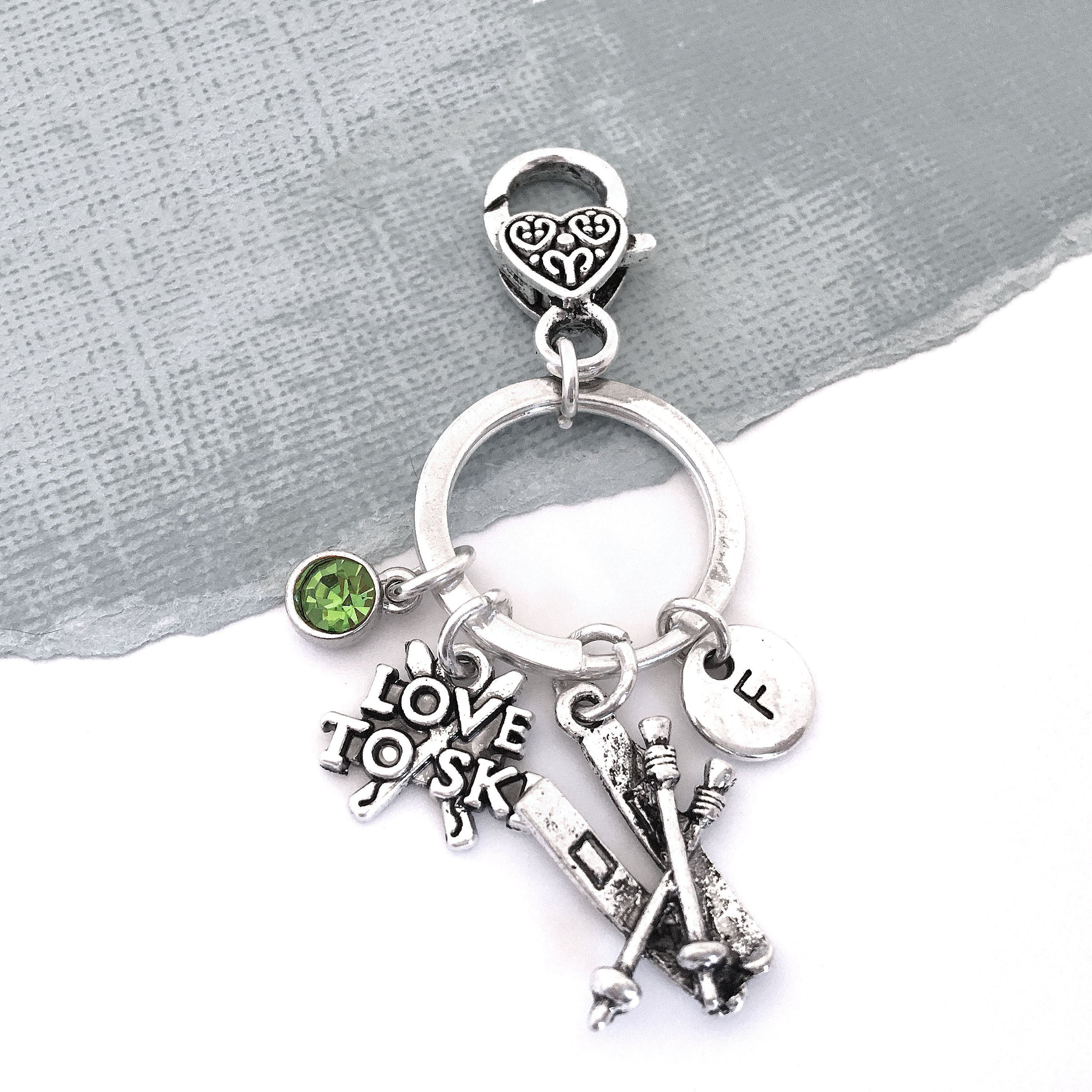 Ski Keychain, Love to Ski Key Chain, Downhill Skiing, Initial Keyring ...