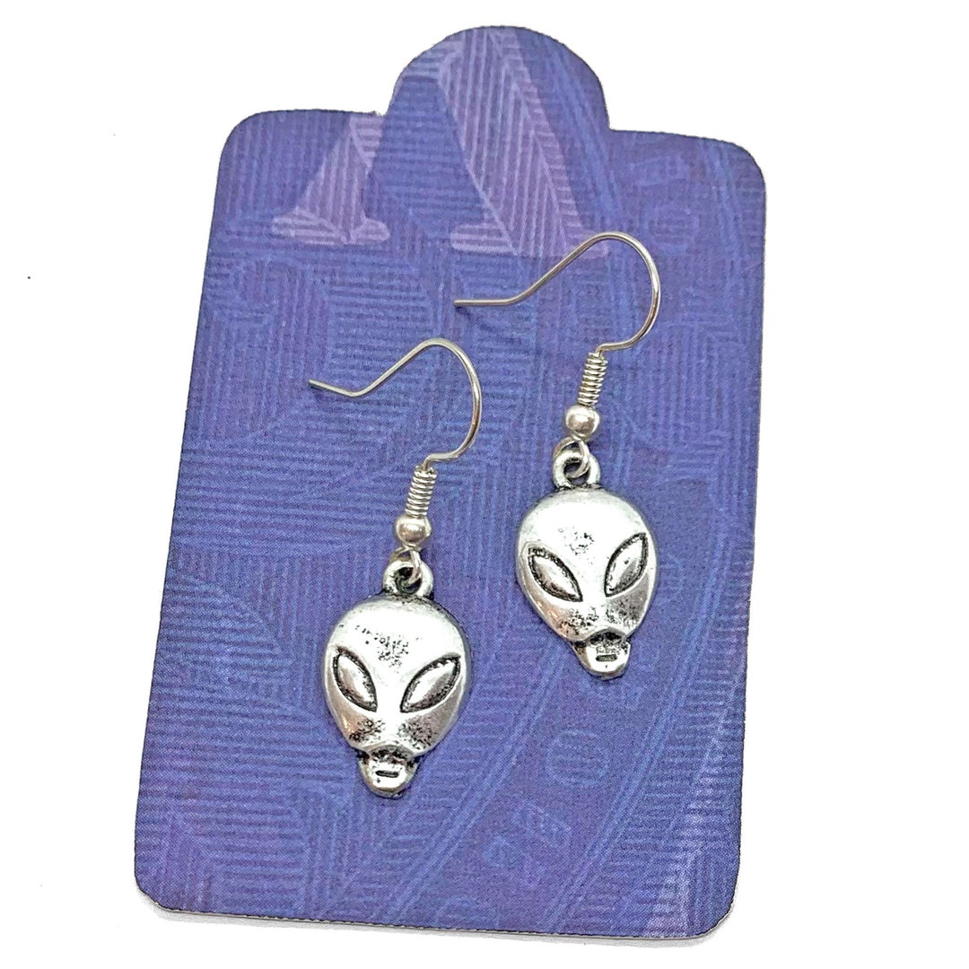 Alien Earrings, Alien Head Charm Jewelry, Silver Dangle Earrings, Alien ...