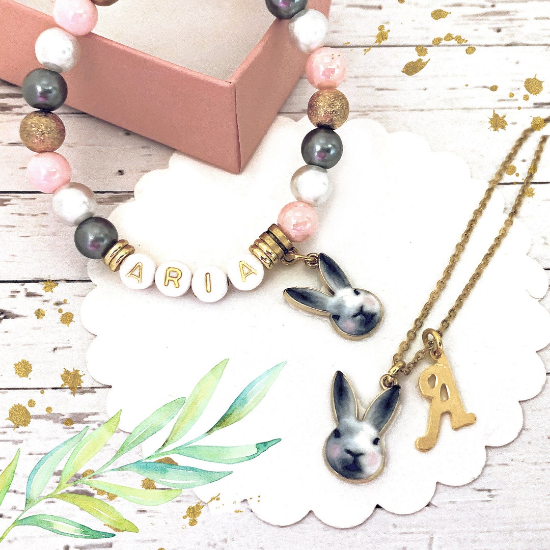Easter Bunny Necklace for Girls, Personalized Rabbit Name Bracelet for ...